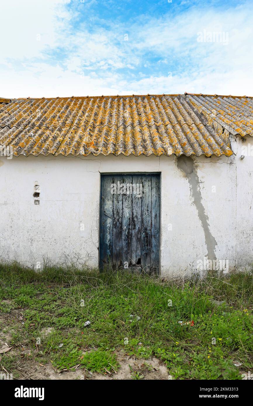 Old blue wooden door with plants and uralite roof in Portugal Stock ...