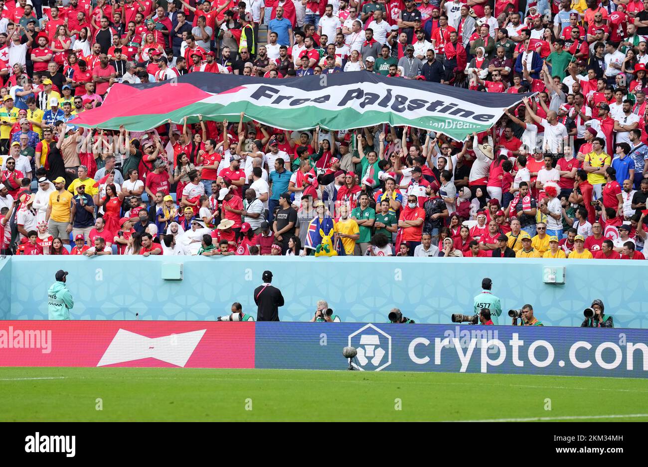 Tunisia fans hold up a Free Palestine banner during the FIFA World Cup ...
