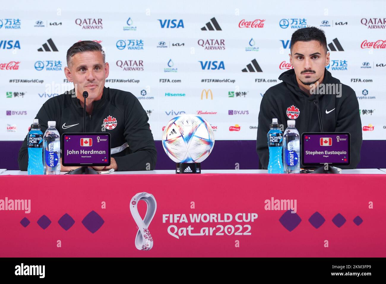 Coach John Herdman and player Stephen Eustaquio during the Canadian National Soccer Team press ...