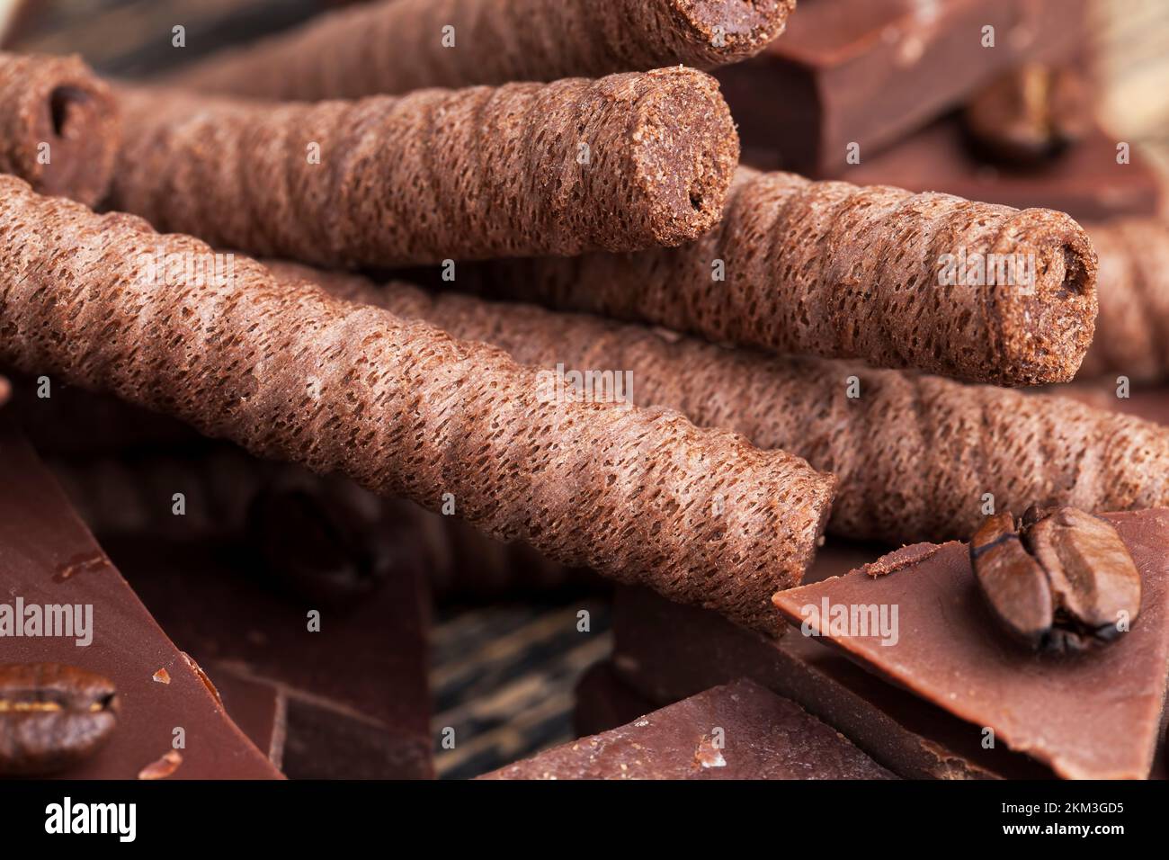 chocolate waffle tubes with chocolate filling and pieces of homemade ...