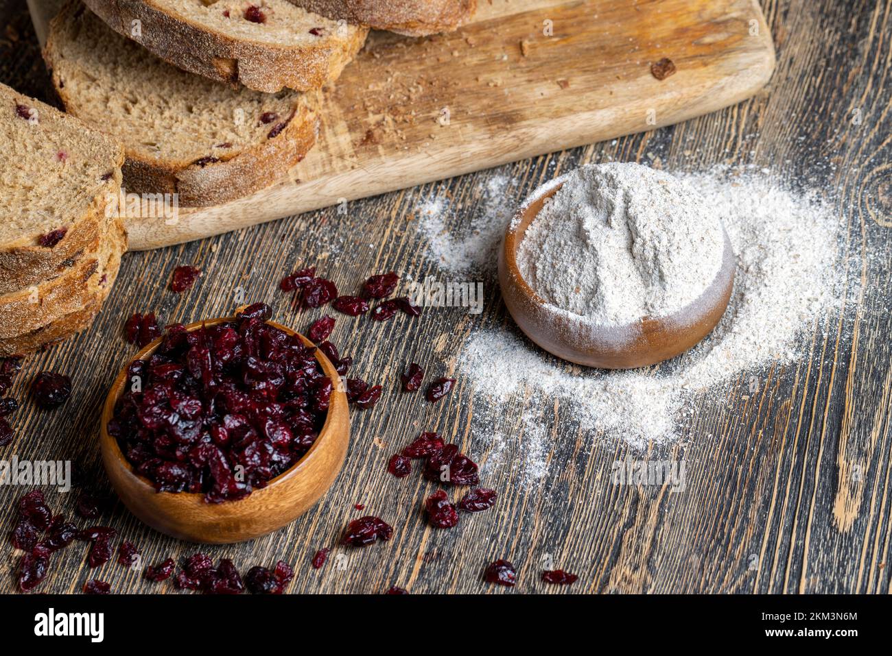 fresh cut bread made of flour and dried cranberries, red cranberry ...