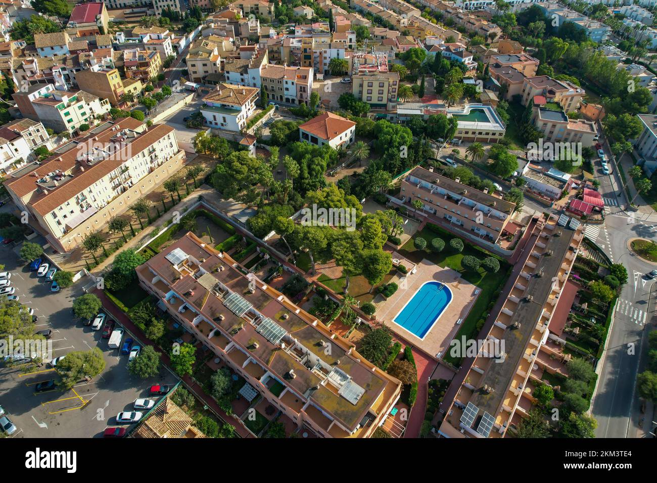 Aerial fly over above the spanish city of Girona Stock Photo - Alamy