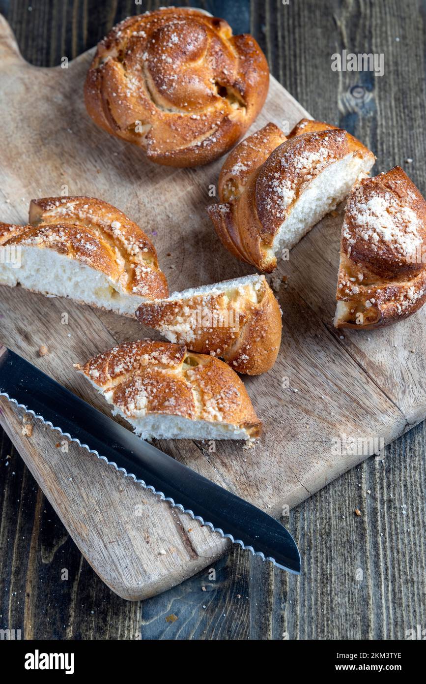 wheat fresh bun with filling cut into pieces, bun with coconut jam ...