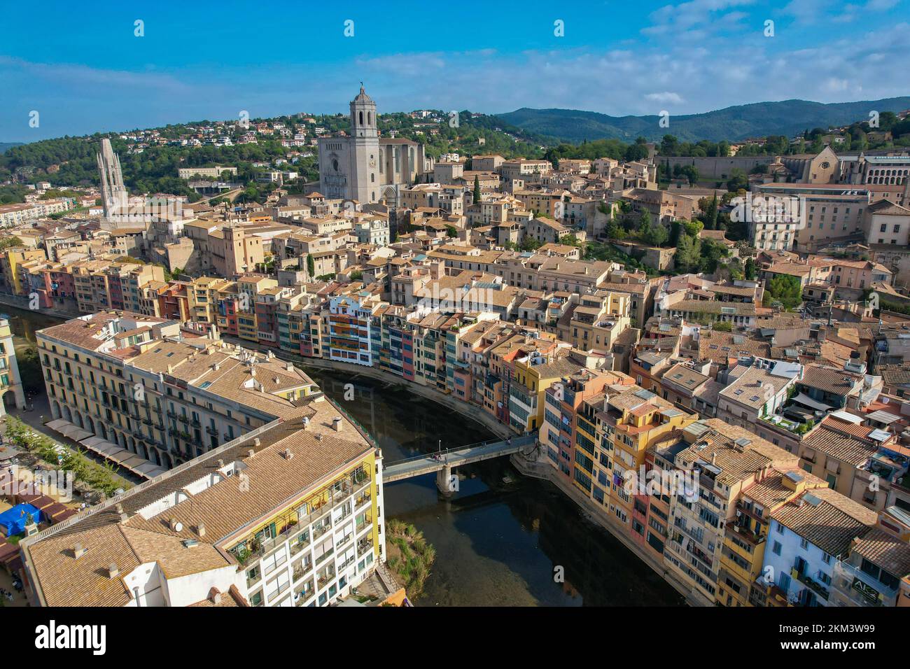 Aerial fly over above the spanish city of Girona Stock Photo - Alamy