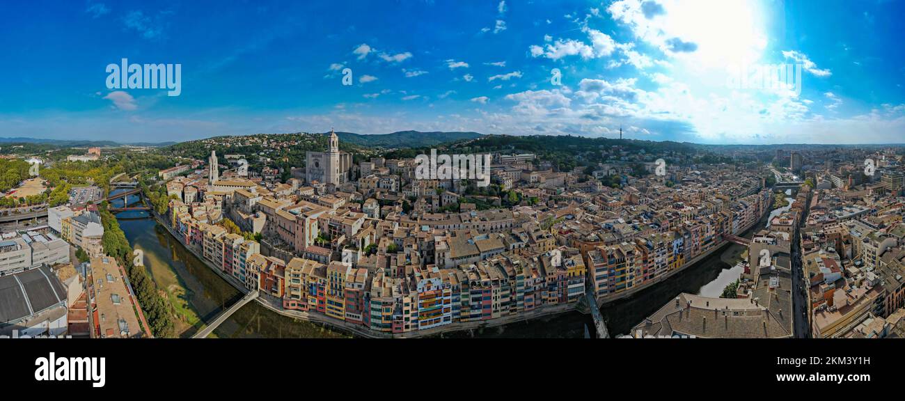 Aerial fly over above the spanish city of Girona Stock Photo - Alamy