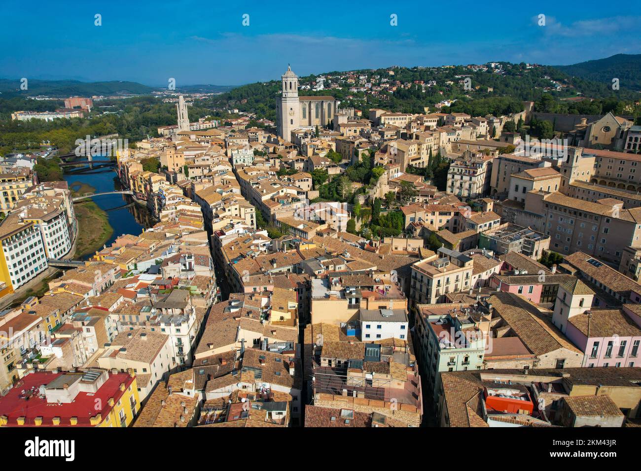 Aerial fly over above the spanish city of Girona Stock Photo - Alamy