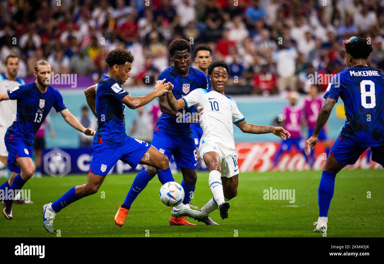 Doha, Qatar. 25th Nov, 2022. Raheem Sterling (England), Yunus Musah ...