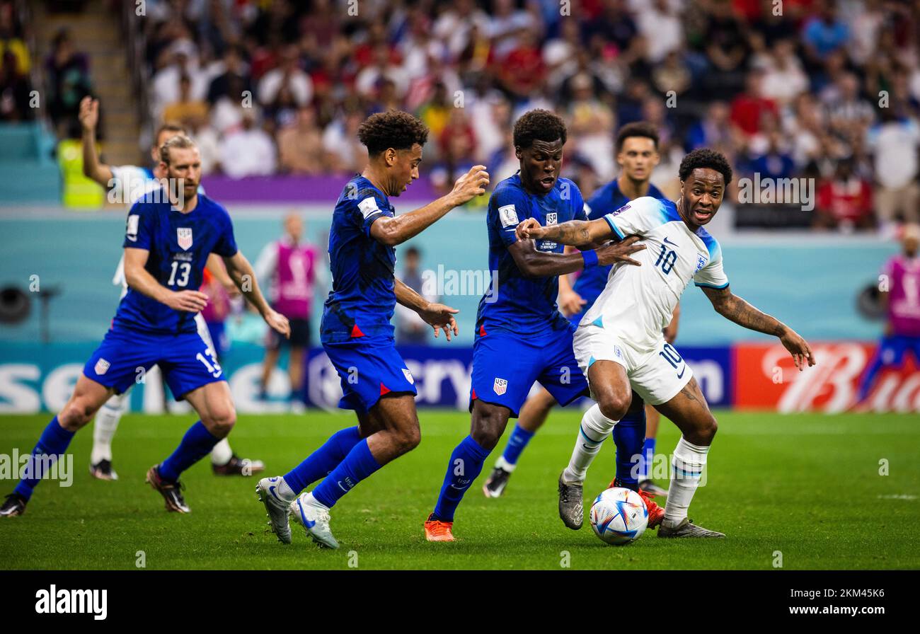 Doha, Qatar. 25th Nov, 2022. Raheem Sterling (England), Yunus Musah ...