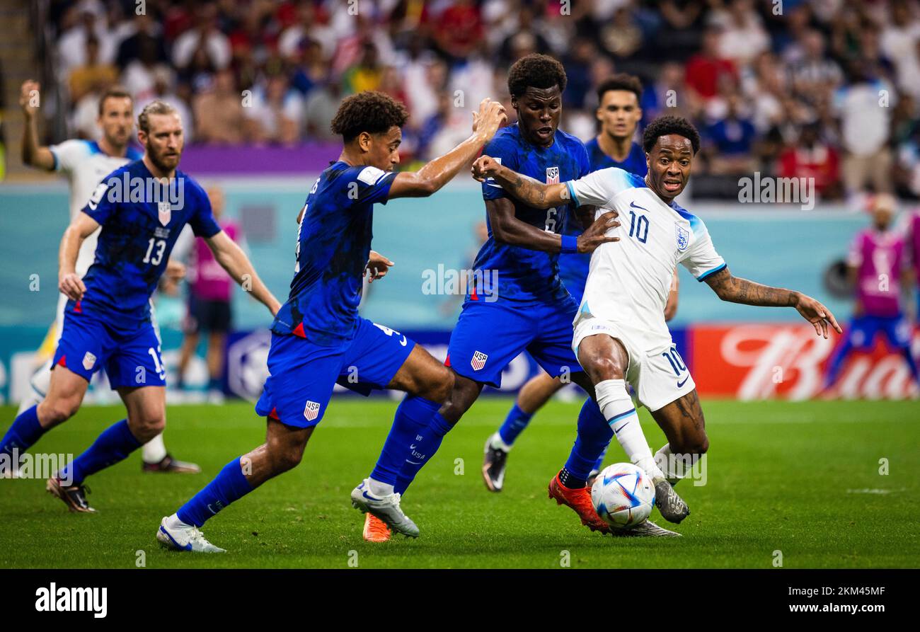 Doha, Qatar. 25th Nov, 2022. Raheem Sterling (England), Yunus Musah ...