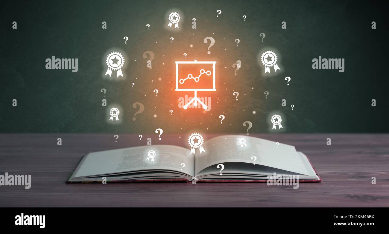 Open book with business icons above Stock Photo - Alamy