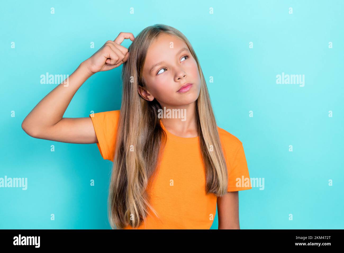 Closeup photo of youngster preteen girl kid thinking how solve problems ...