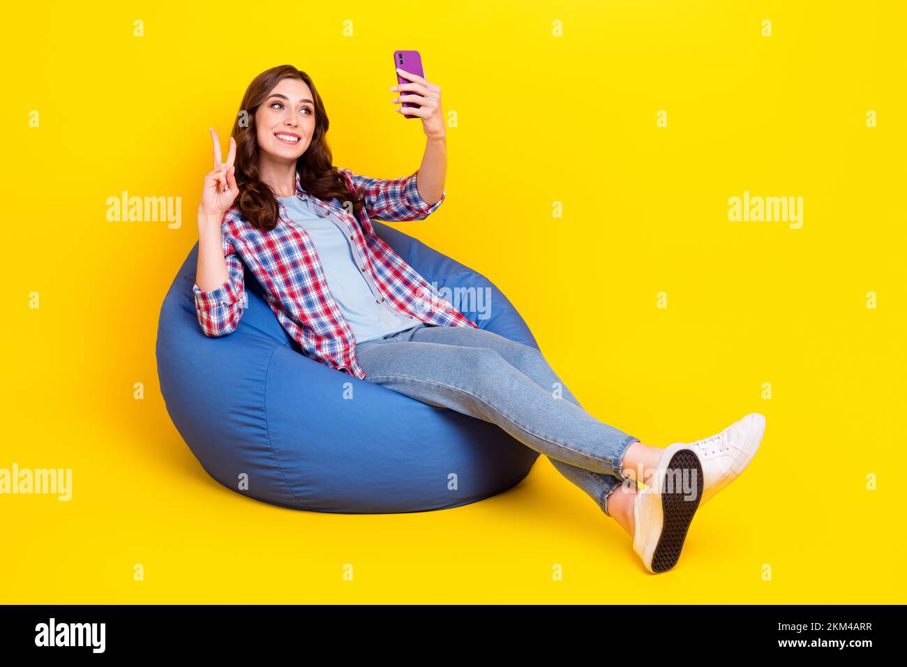 Full body length photo of young attractive blogger lady checkered shirt ...