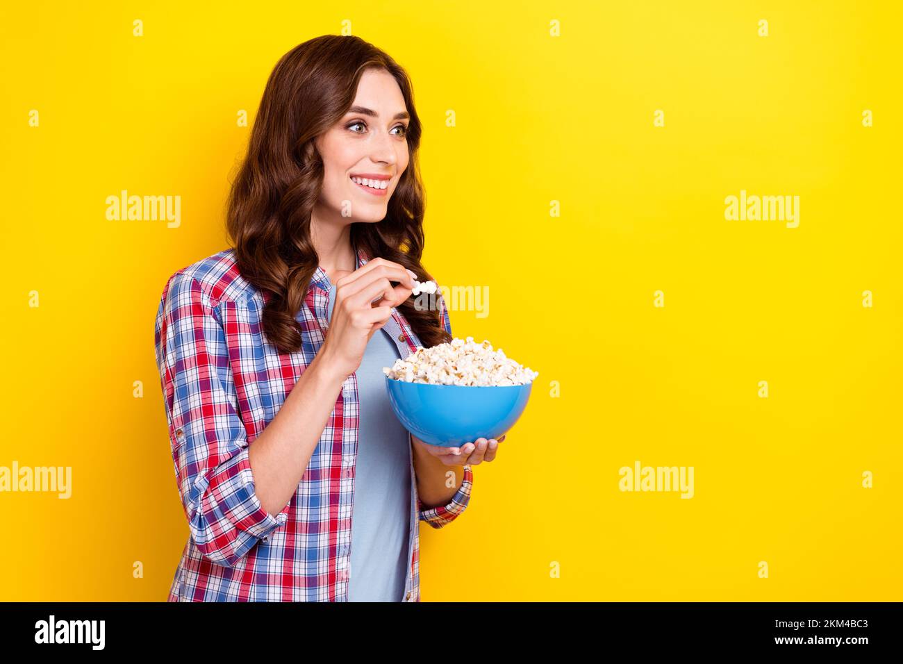 Photo of young funky girl wear checkered shirt unexpected moment movie ...