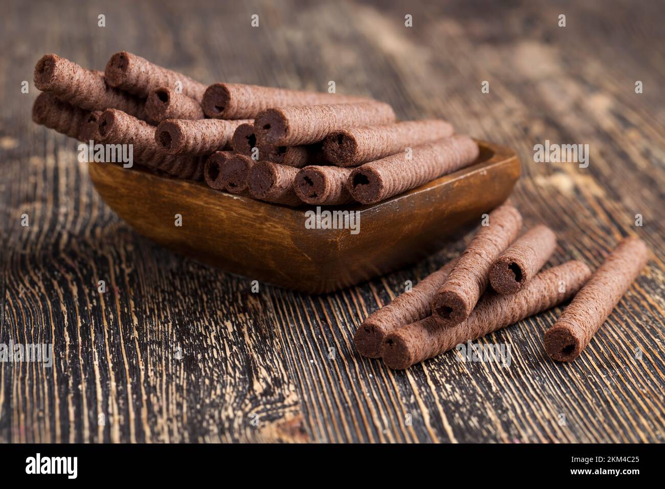 chocolate tubes with chocolate filling, dessert of chocolate waffle ...