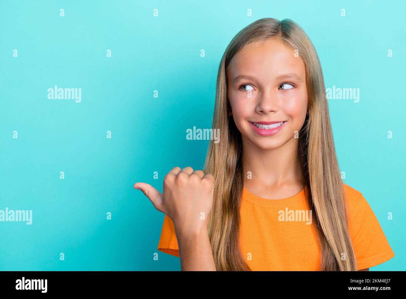 Close up photo of satisfied nice girl wear stylish outfit arm direct ...