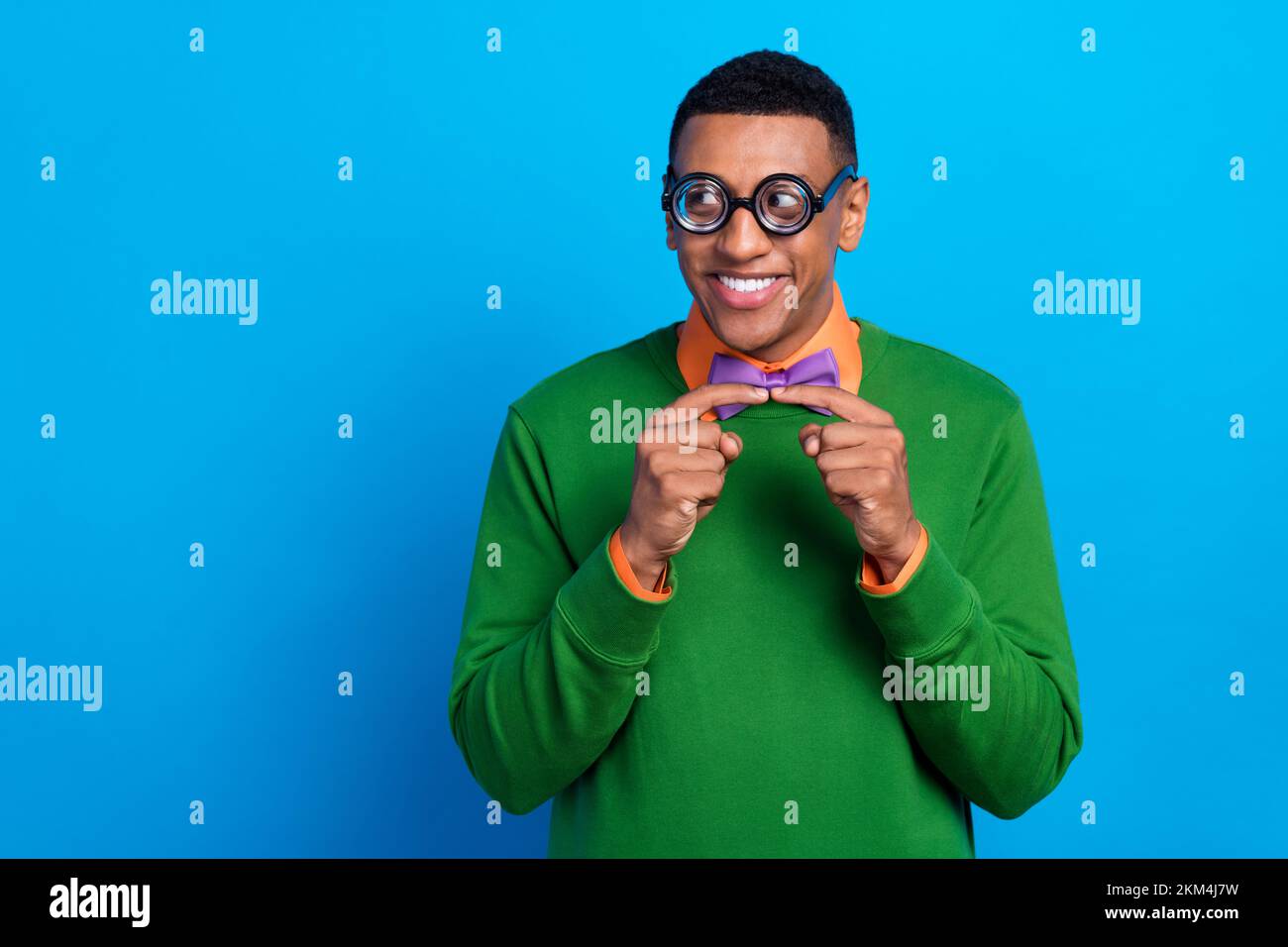 Closeup photo of funky positive overjoyed modest guy fingers pointing ...