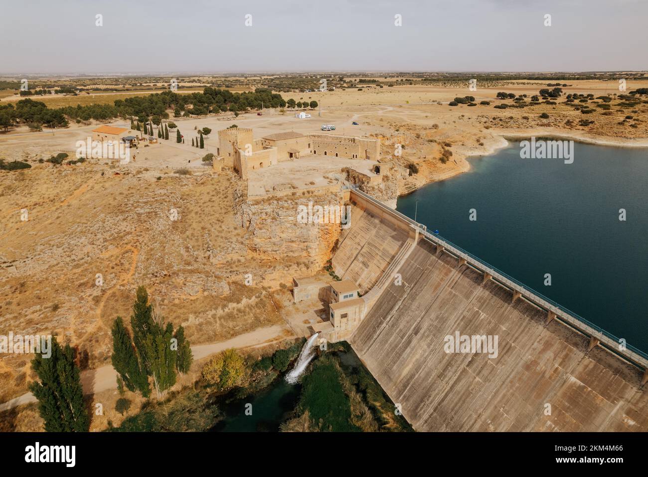 An aerial of lake El Embarcadero coast beside Pennarroya castle in ...