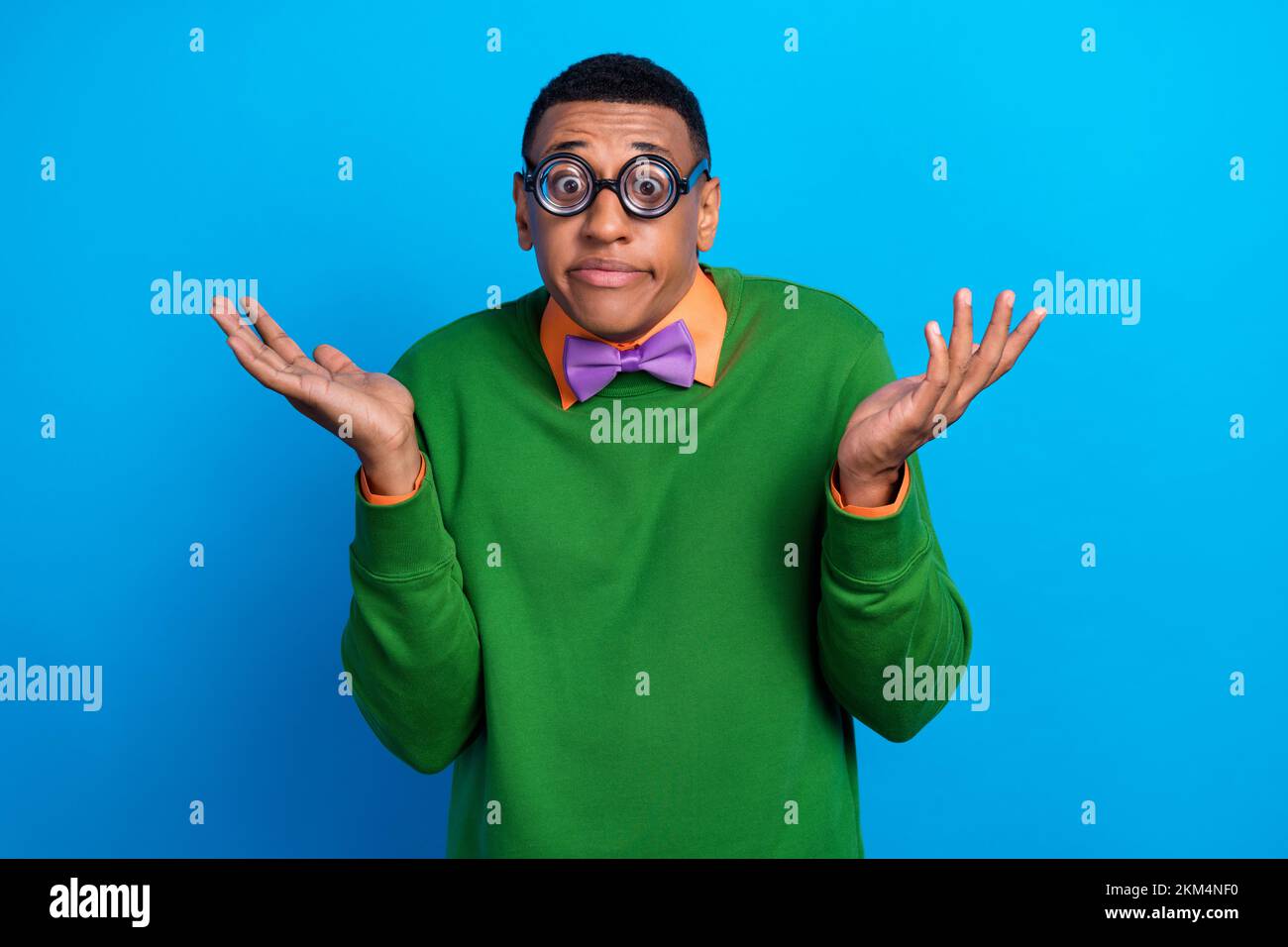 Photo of funny student academic man wear nerd spectacles indifferent ...