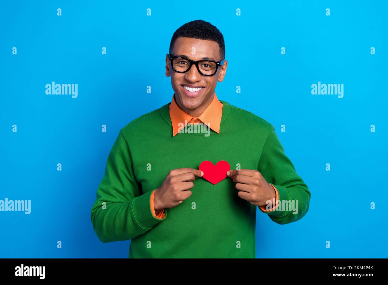 Photo of young positive cheerful man wear green jumper stylish glasses ...