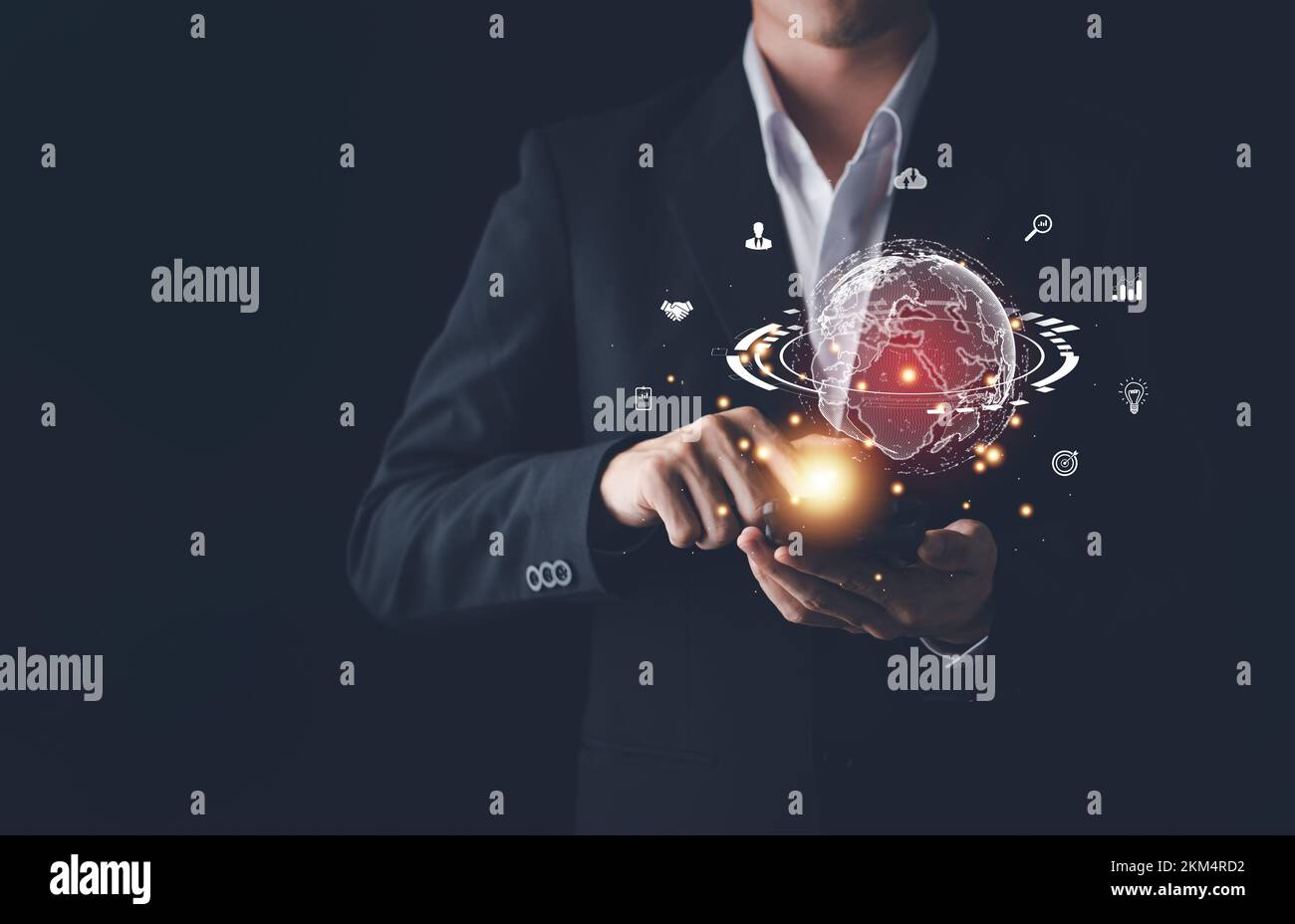 Hand of Businessman hold virtual global with hologram using metaverse ...