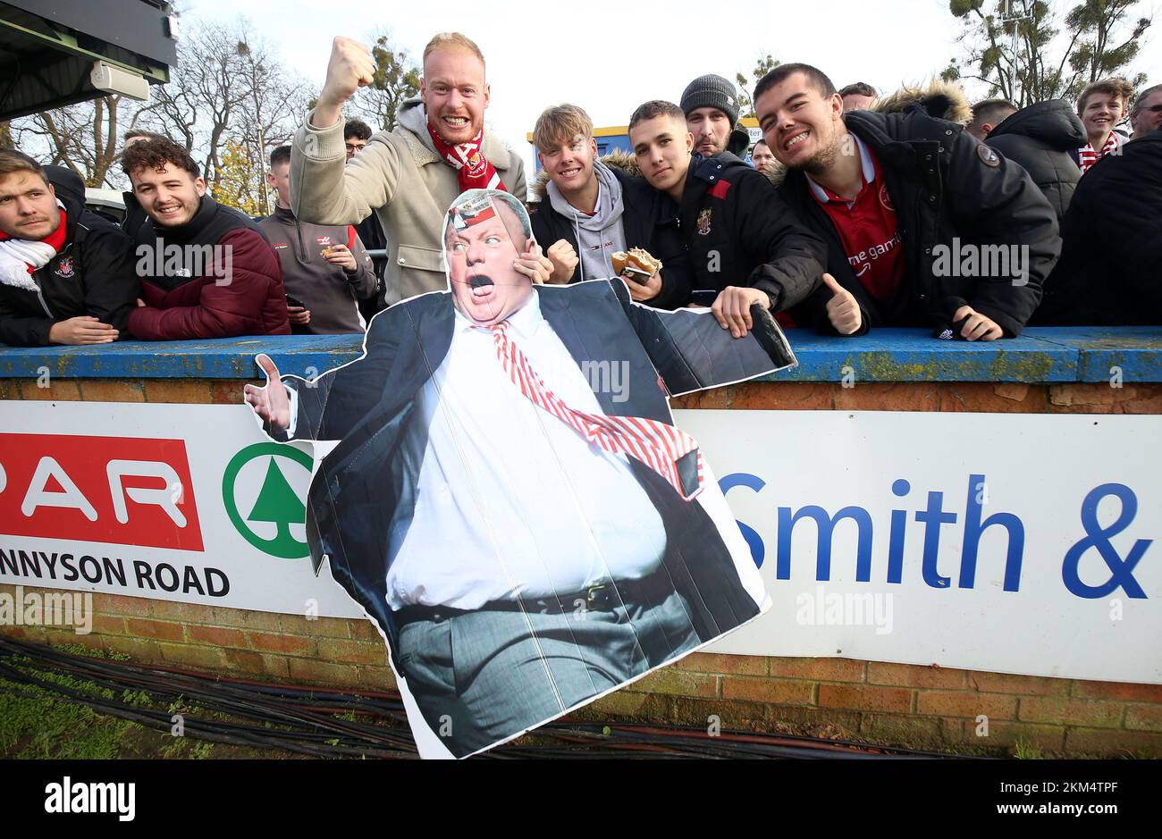 Stevenage fans with a poster of Steve Evans prior to the Emirates FA ...