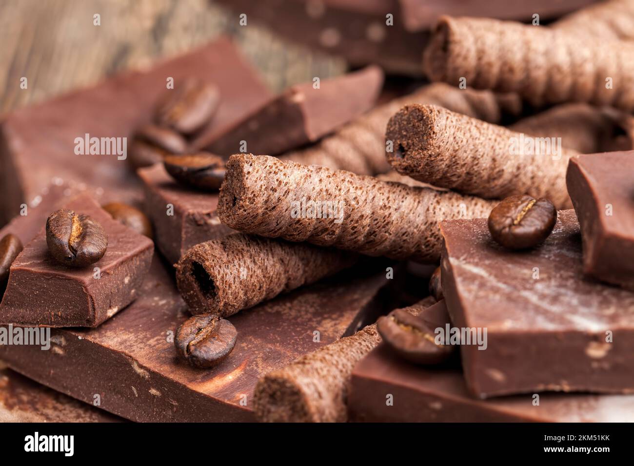 chocolate waffle tubes with chocolate filling and pieces of homemade ...