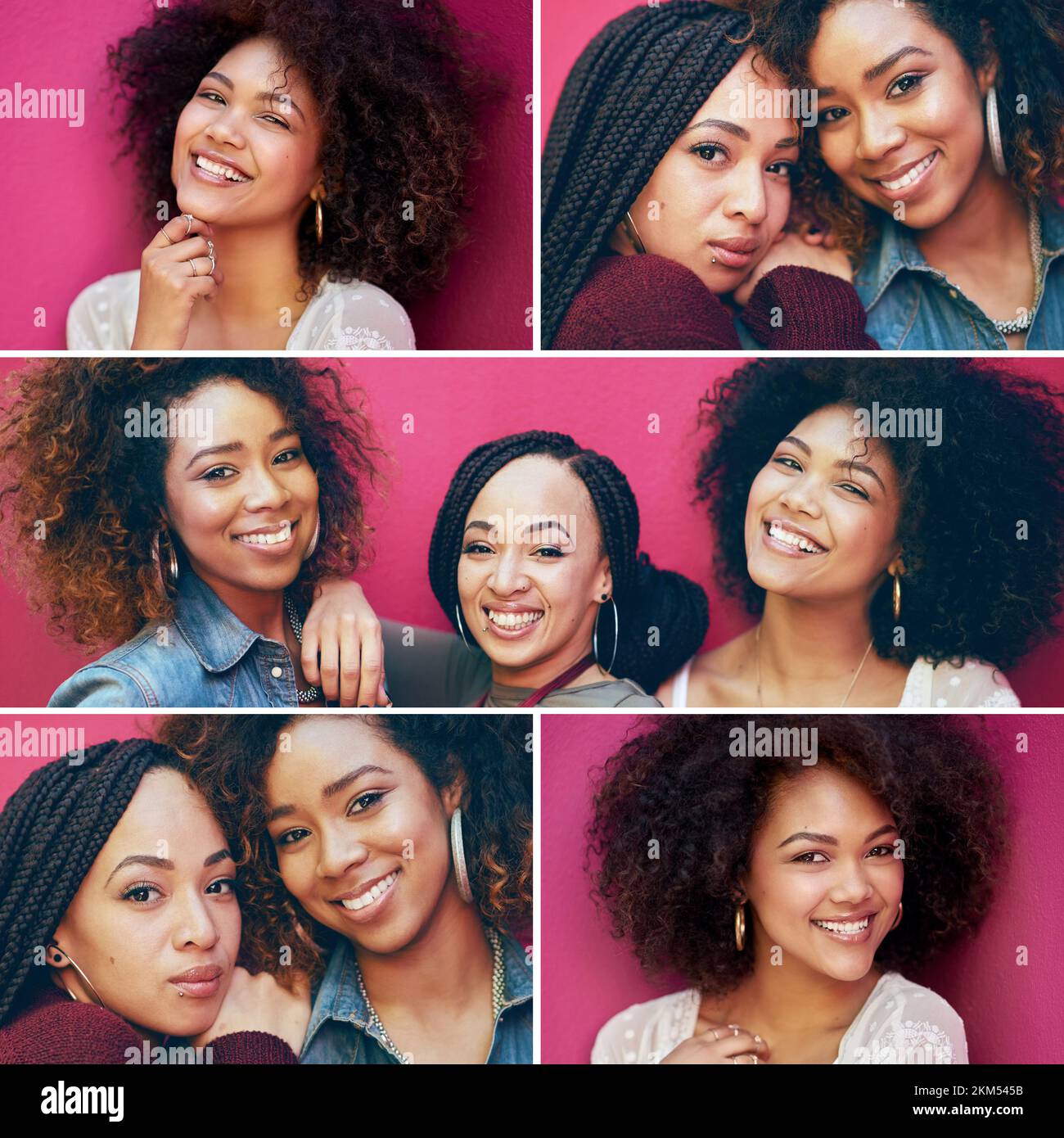 Collage, black women and friends on pink wall for beauty, happiness and ...