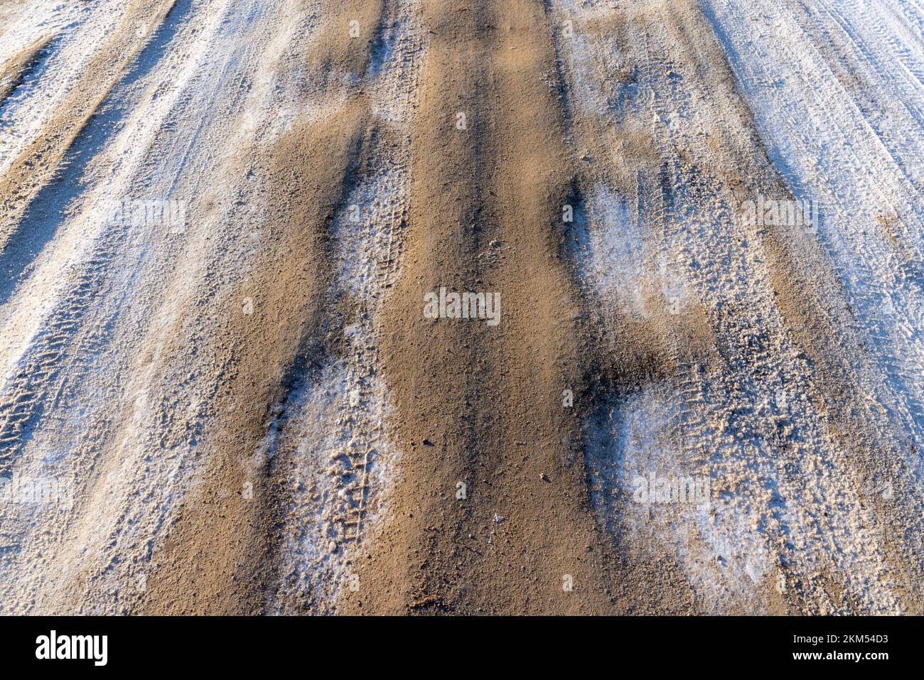 dangerous road in winter, slippery muddy road with traces of cars in ...
