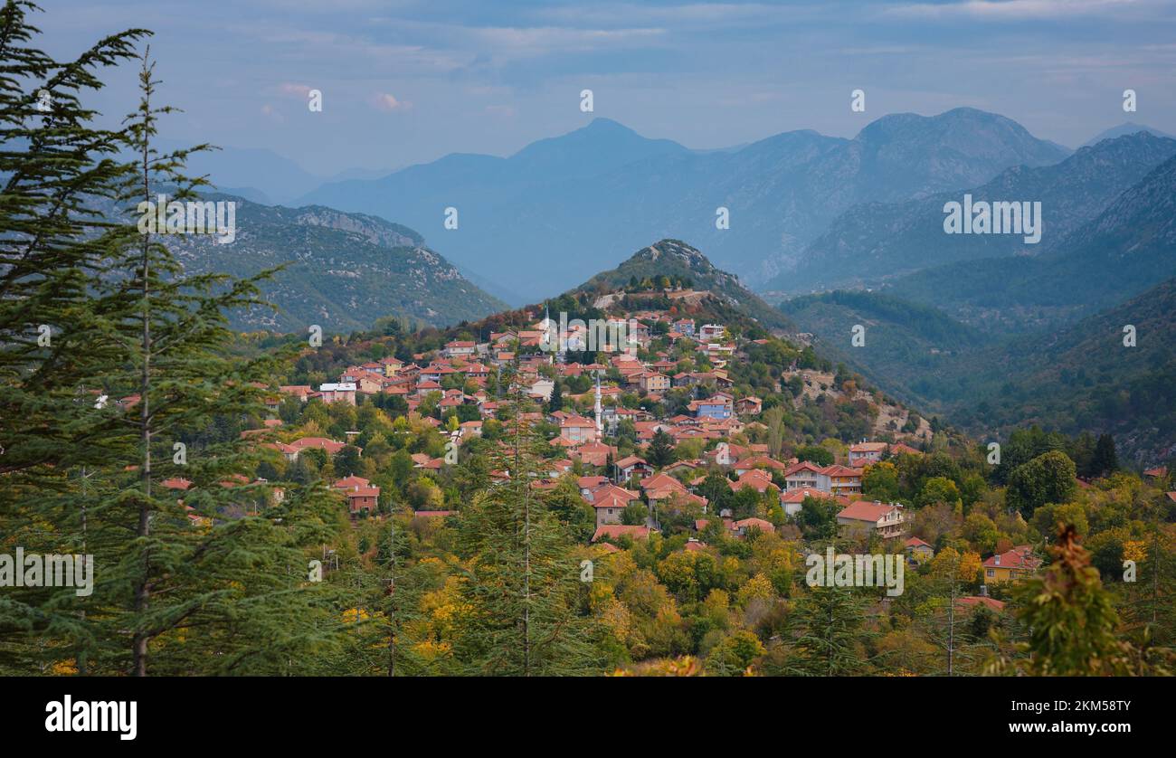 Aerial photo of town of Ormana Ibradi Antalya Turkey in autumn sunny ...