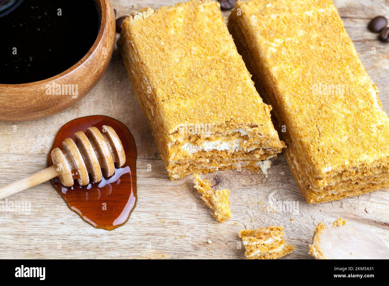 sliced puff pastry of cakes with honey and cream filling, honey cake ...