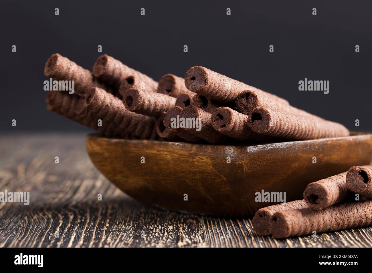 chocolate tubes with chocolate filling, dessert of chocolate waffle ...