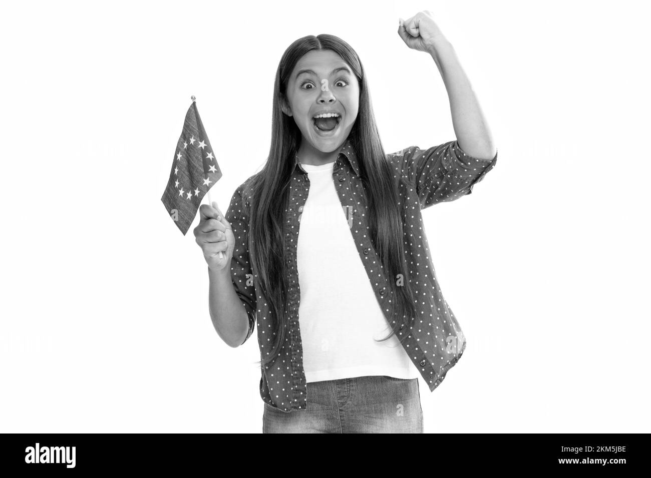 happy child football fan hold european union flag isolated on white ...