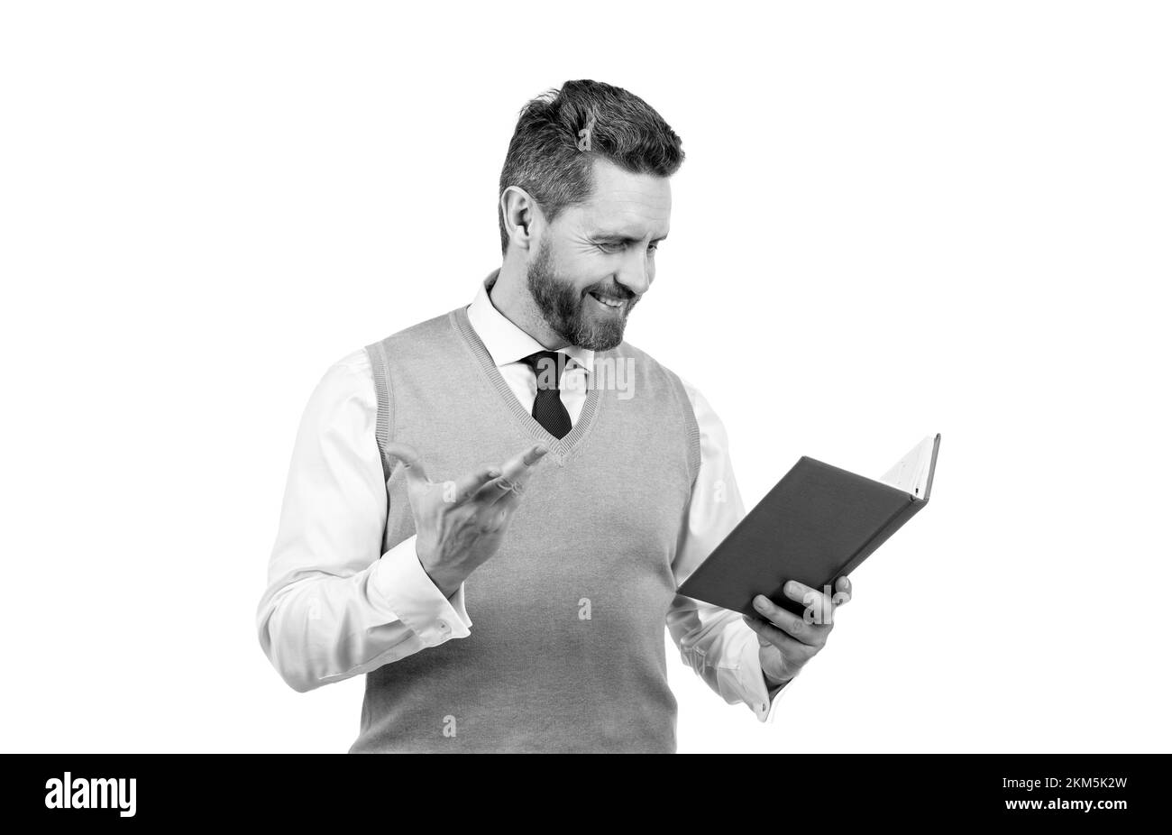 happy man read notebook isolated on white background, education Stock ...