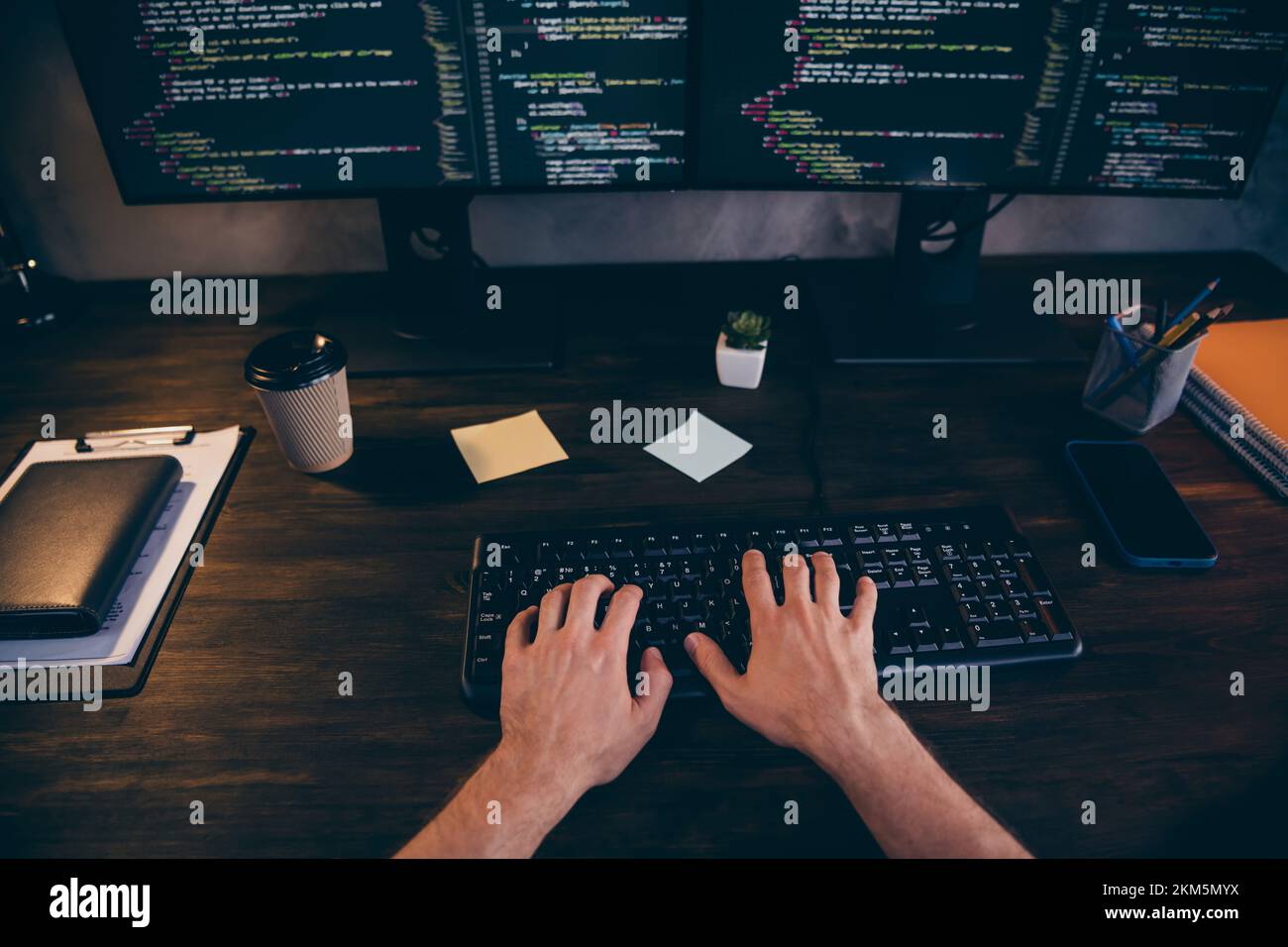 Photo Of Freelancer Hands Arms Typing Software Code Modern Gadget Work Indoors Workplace