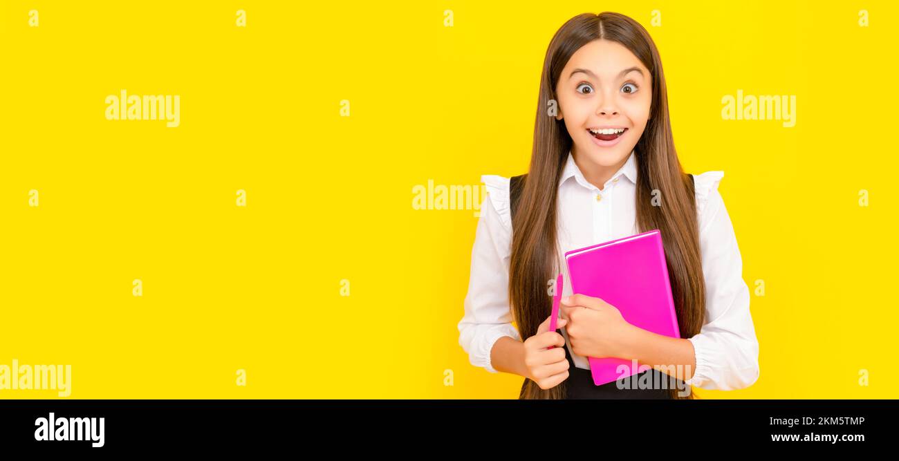 For an advanced level study. Surprised girl hold book. School education ... For an advanced level study. Surprised girl hold book. School education ...
