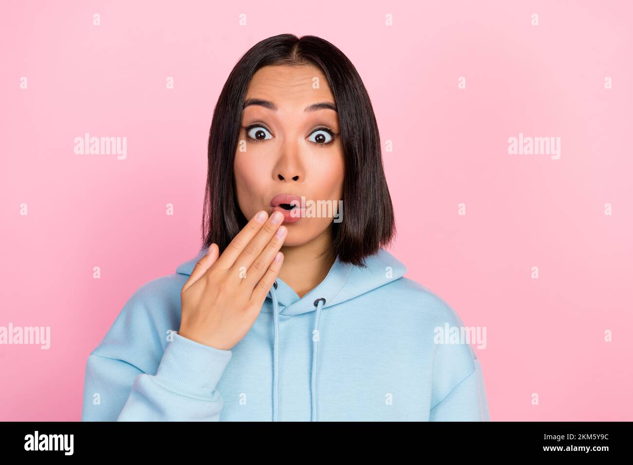Photo of worried nervous lady hand arm cover open mouth impressed ...
