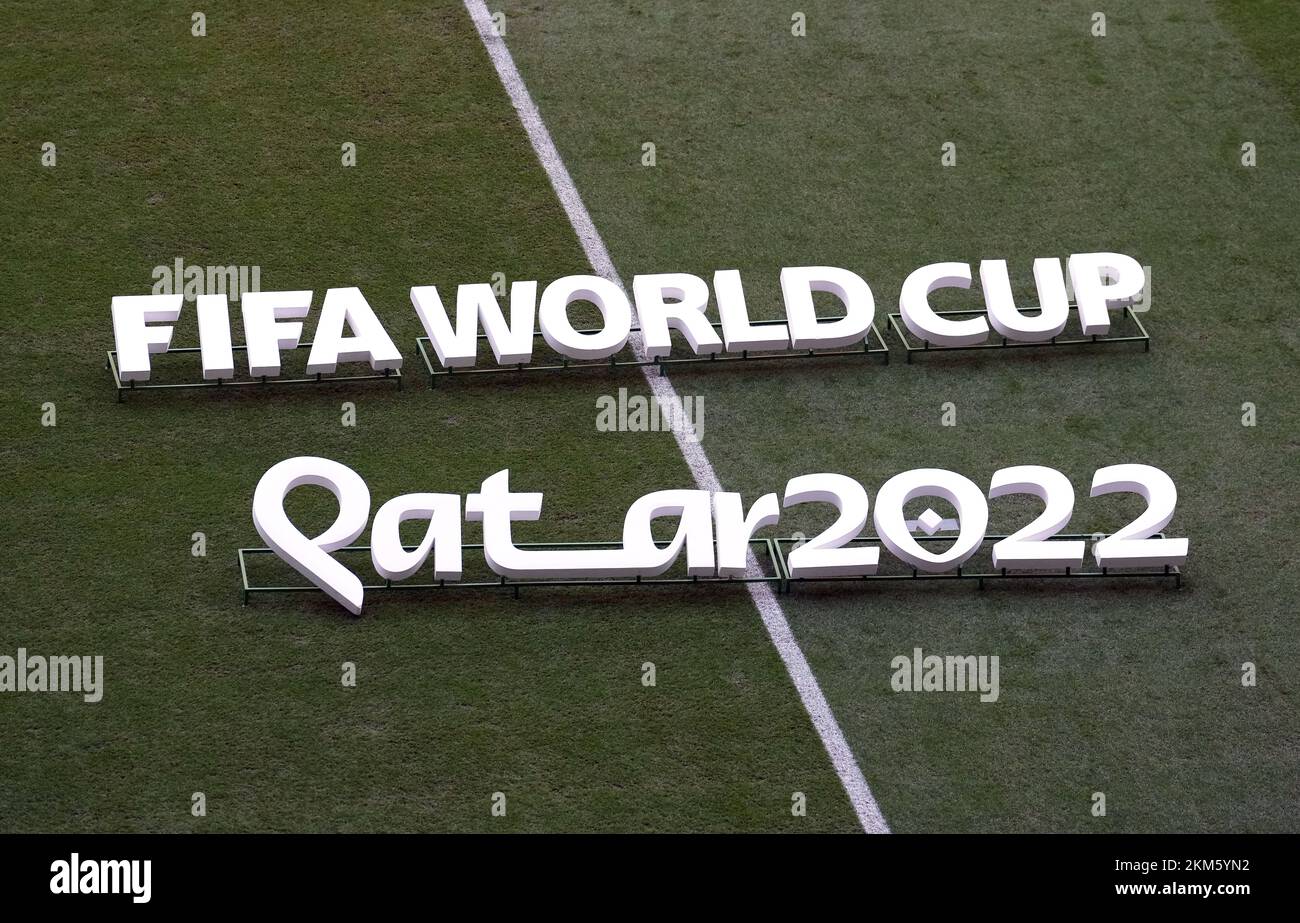 A FIFA World Cup Qatar 2022 logo on the pitch during the FIFA World Cup ...