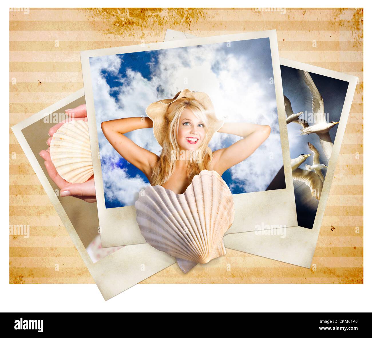 Travel Holiday Love Concept With A Collection Of Vintage Photos With Heart Shape Cockle Shell On ...