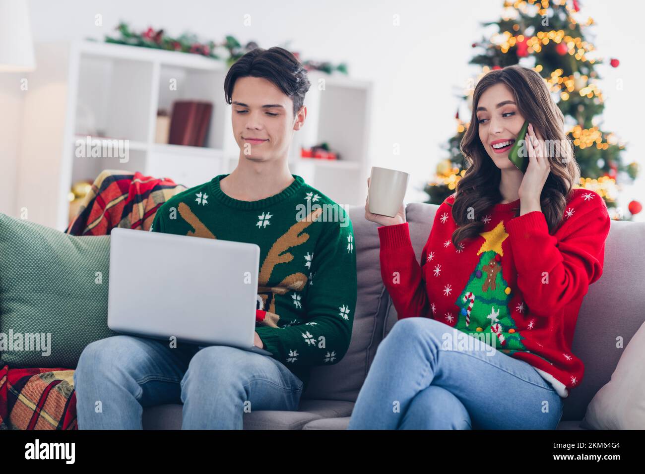 Photo of two person people family husband wife sit comfort sofa room ...