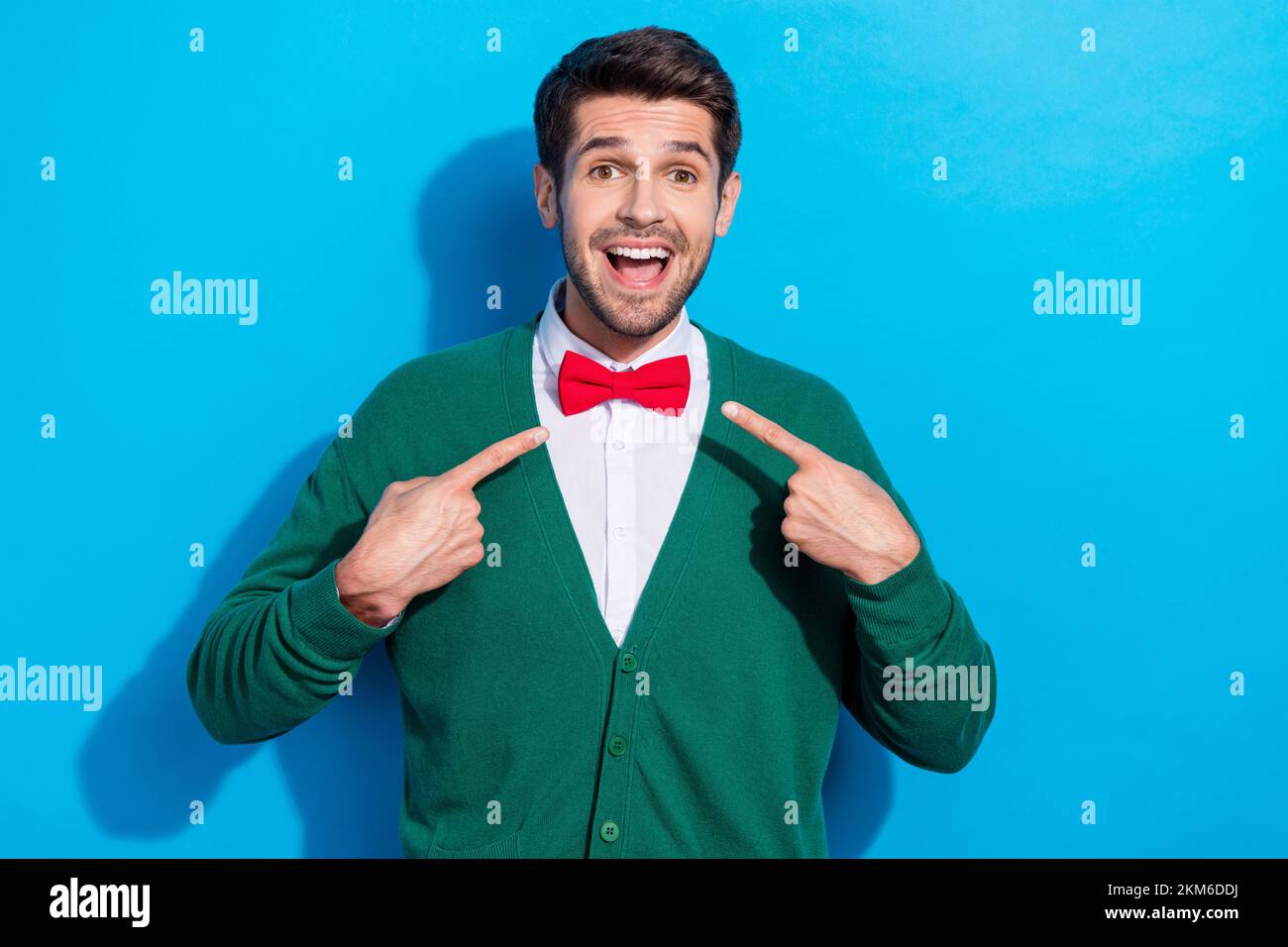 Photo of positive funny attractive man two arm direct trendy tie offer ...