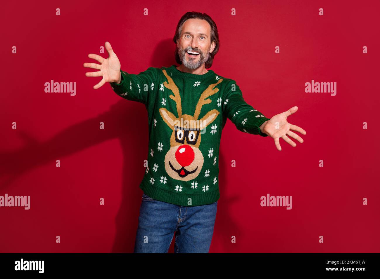 Photo of funny smiling excited mature age man wear green ornament ...