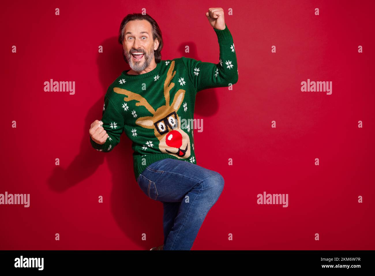 Photo of mature age man wear green ornament deer sweater funky person ...