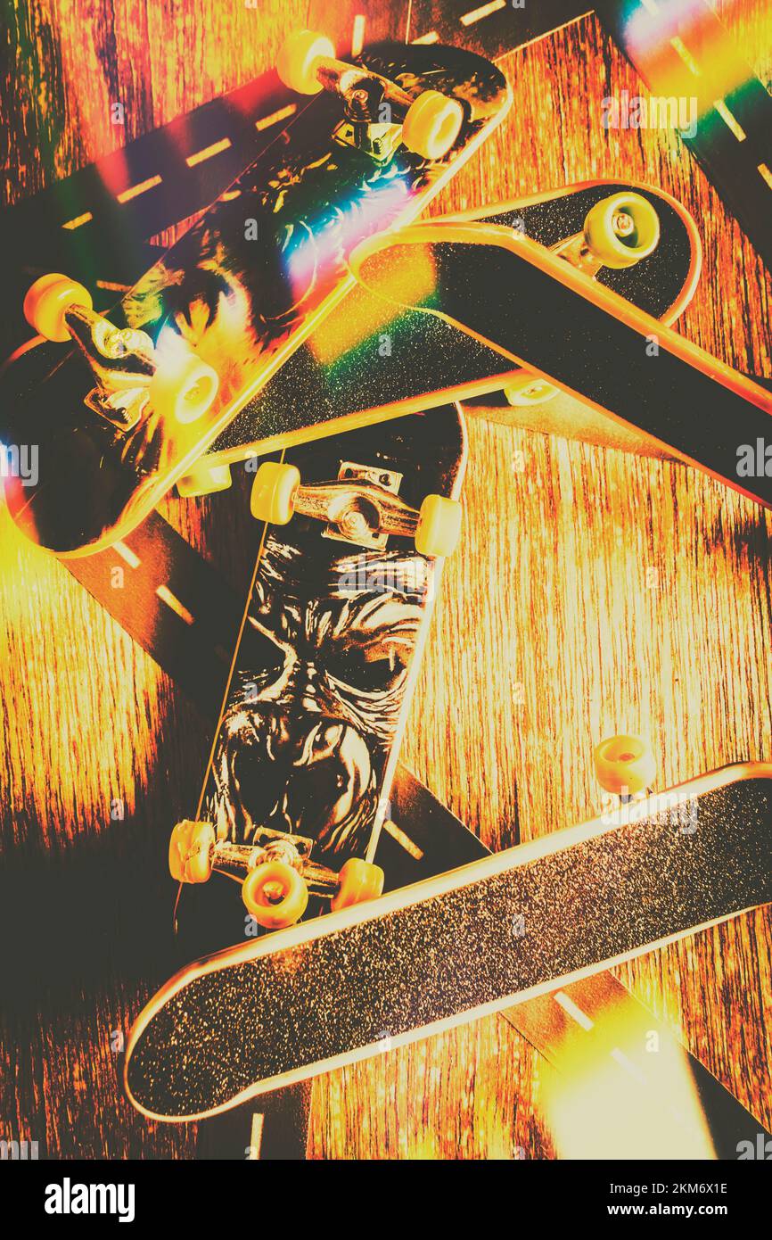 Retro 80's design on a pile of toy skateboards layered with revival ...