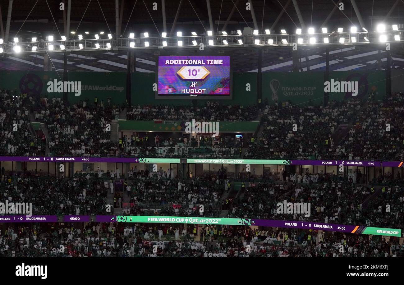 A big screen in the stadium displays the 10 minutes of added on time at ...