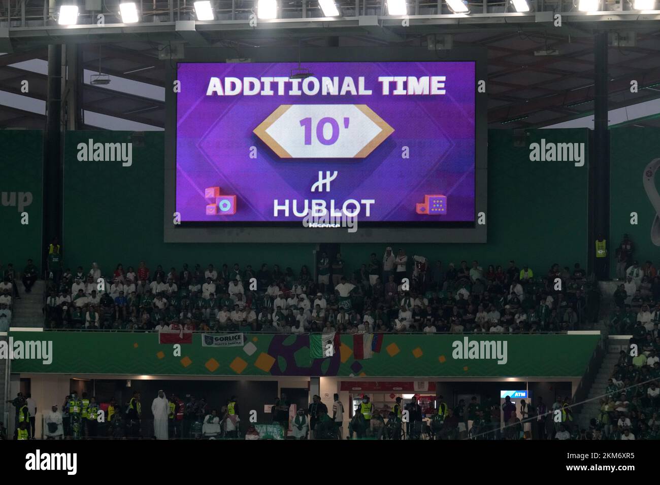A big screen in the stadium displays the 10 minutes of added on time at ...