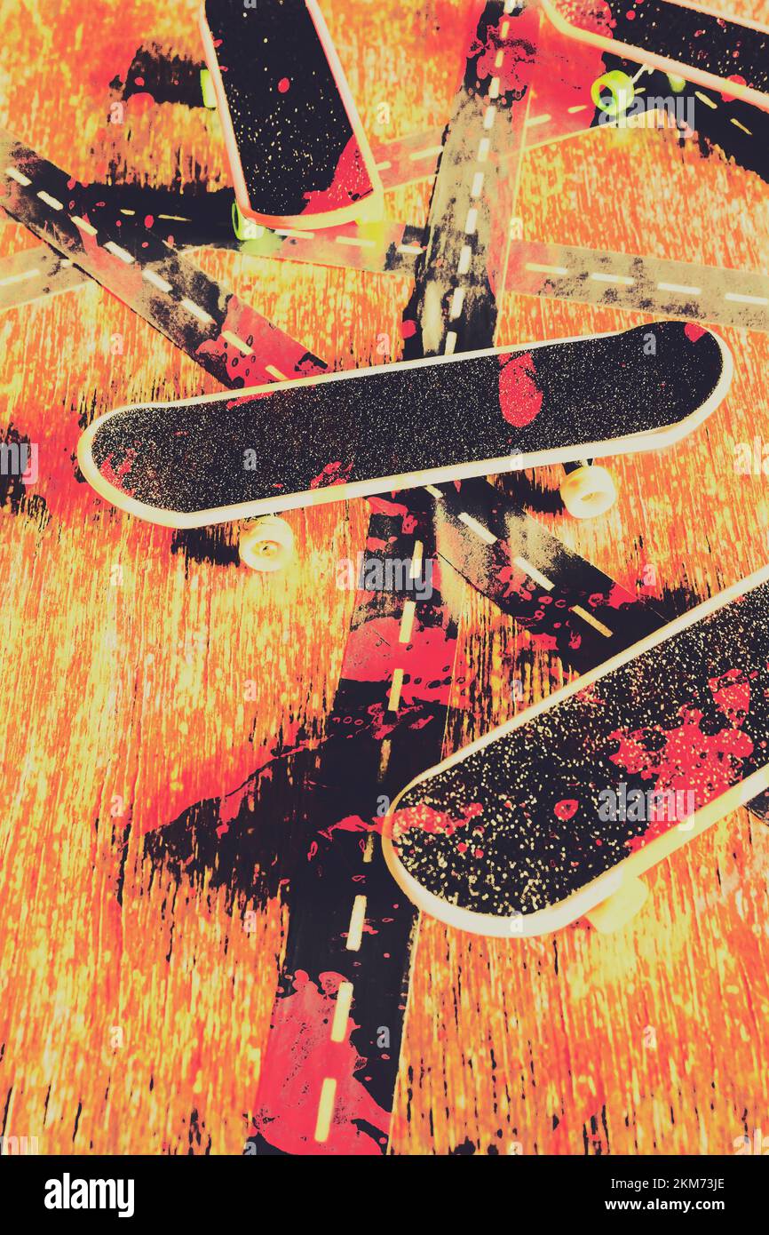 Fine art sports still life on a group of skateboarding decks with ...