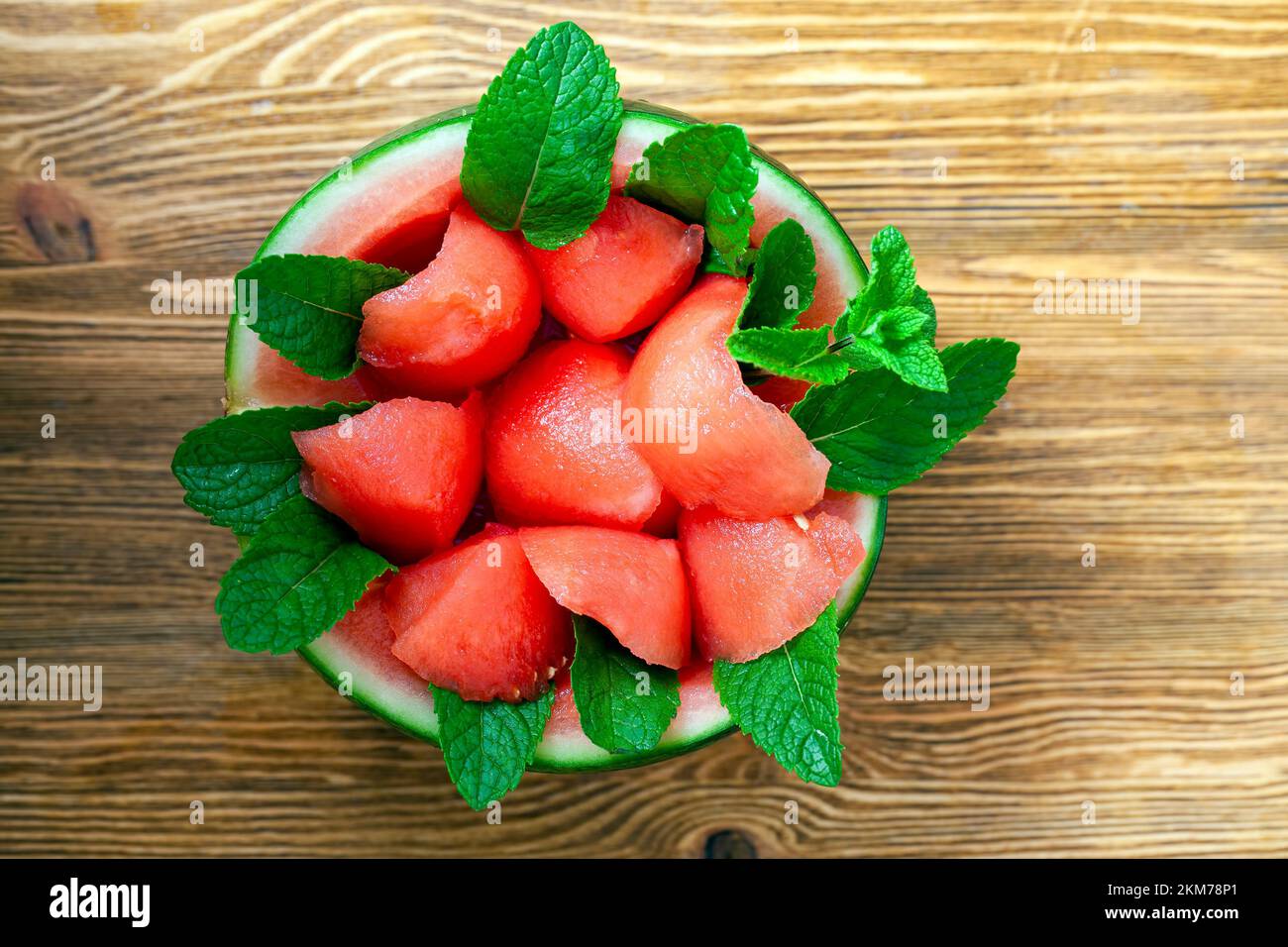 sliced ripe red watermelon with green fragrant mint, watermelon is ripe ...