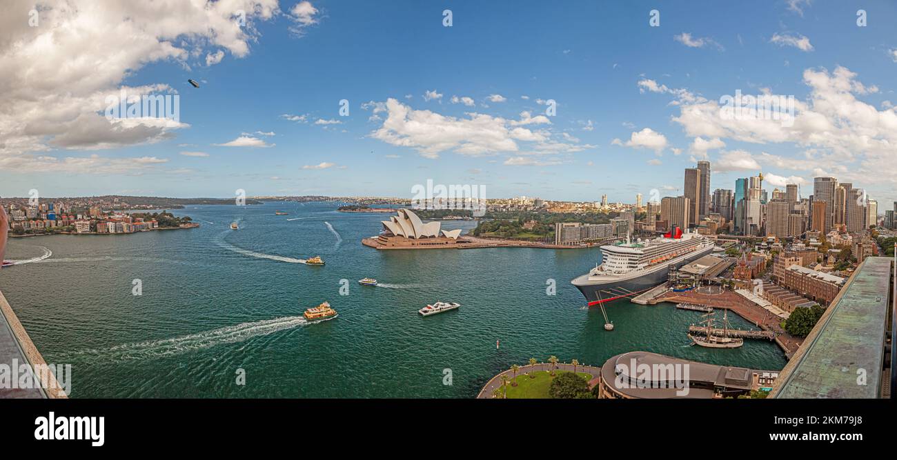 Aerial panoramic view of Sydney harbor from Harbor Bridge with skyline ...