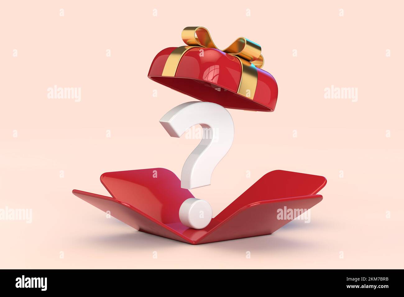 White Question Mark in Opened Red Gift Box with Golden Ribbon on a pink ...