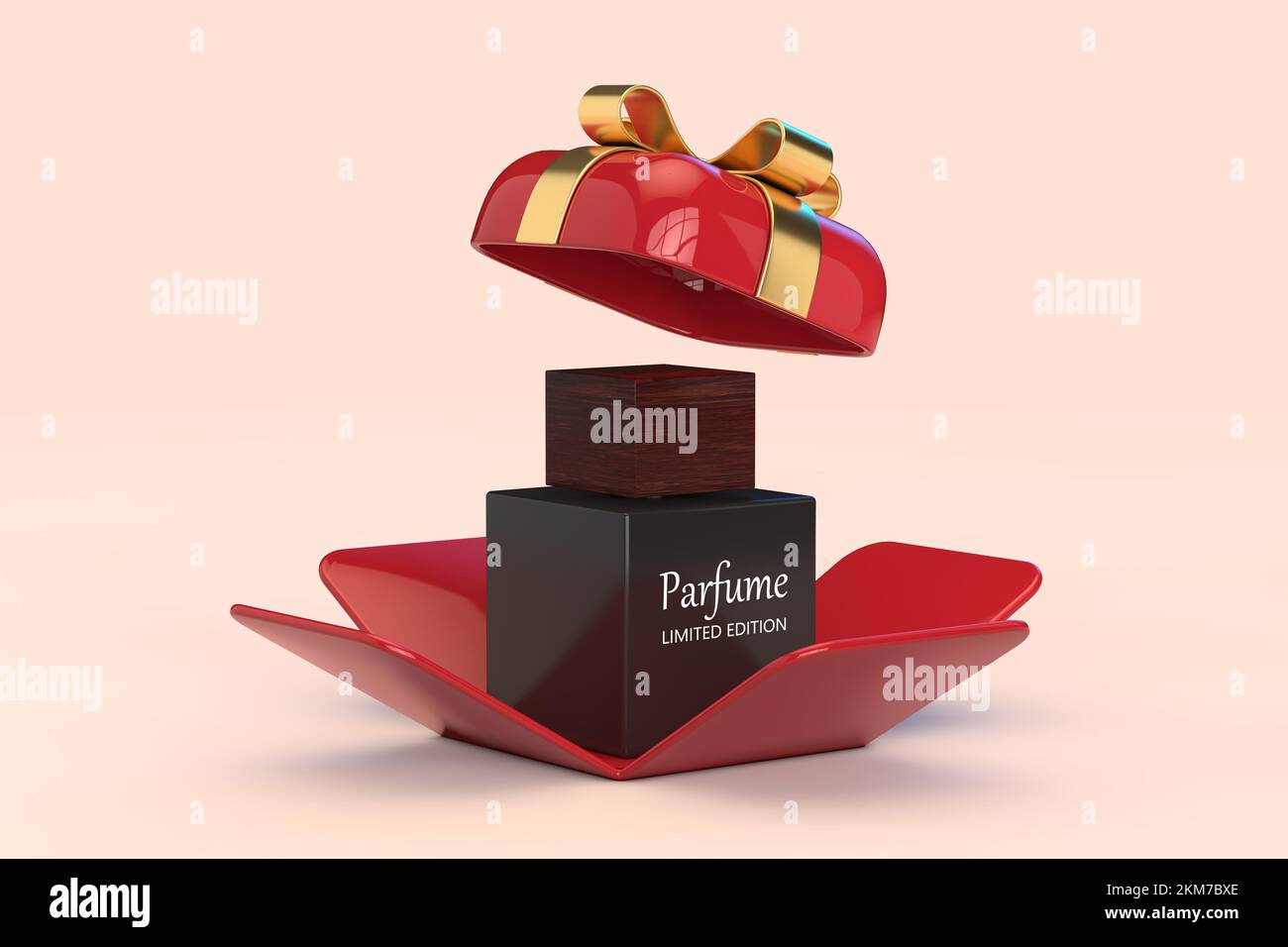 Black Perfume Bottle in Opened Red Gift Box with Golden Ribbon on a ...